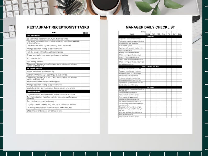 Restaurant FOH Daily Checklist, Server, Bartender, Manager ...