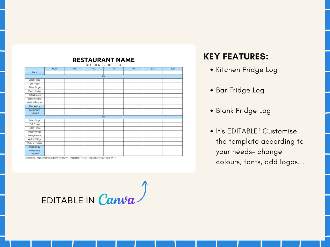 Restaurant Fridge Temperature Log, Commercial Kitchen and Bar, AM and ...