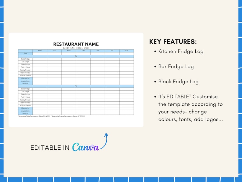 Restaurant Fridge Temperature Log, Commercial Kitchen and Bar, AM and ...