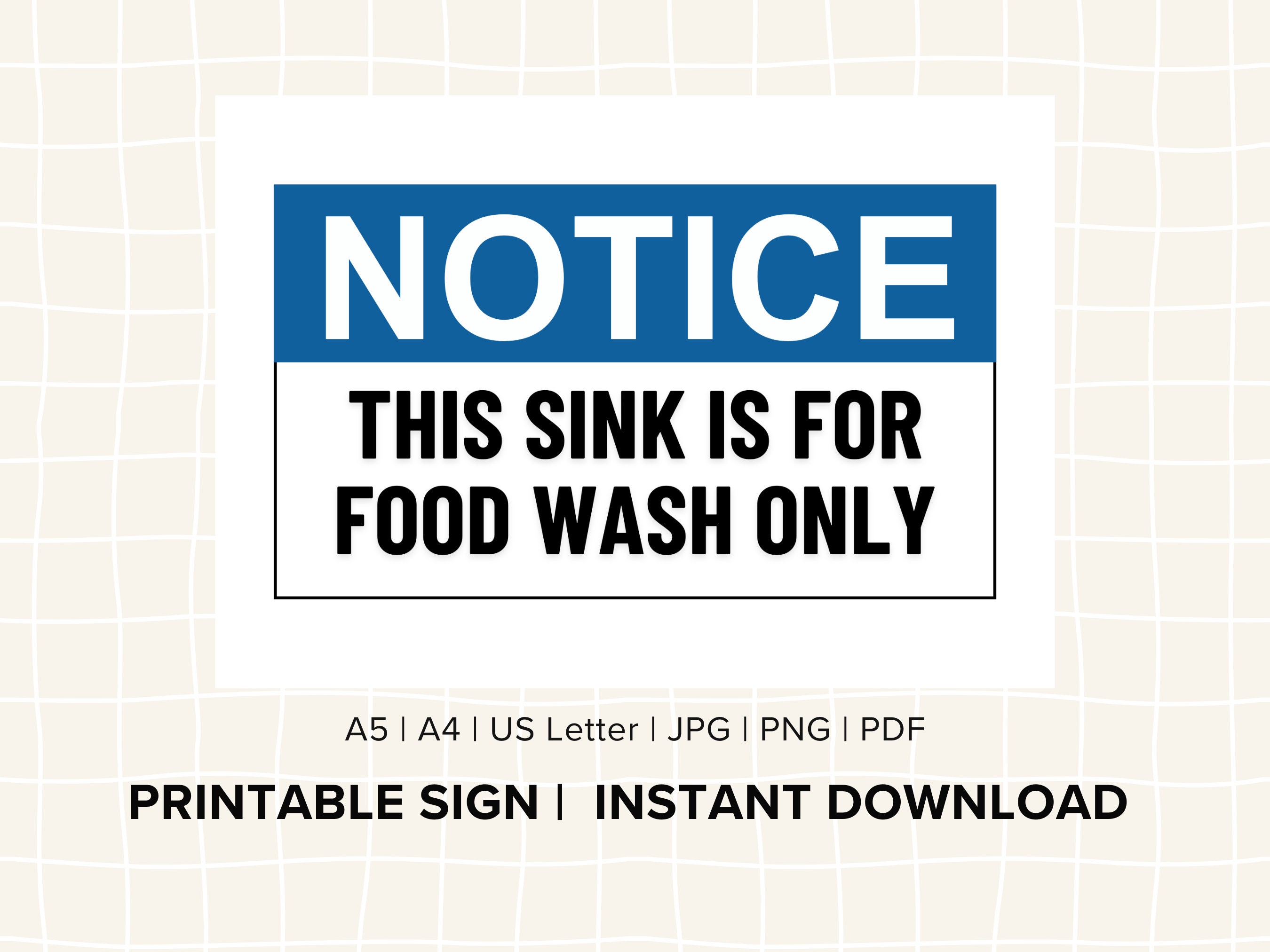 Printable Notice, Food Wash Sink Only, Instant Download, Public Spaces ...