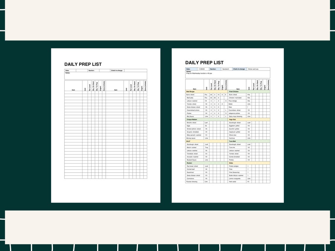 Kitchen Daily Prep List, Shift Handover Notes Fot Chefs, Restaurant and ...