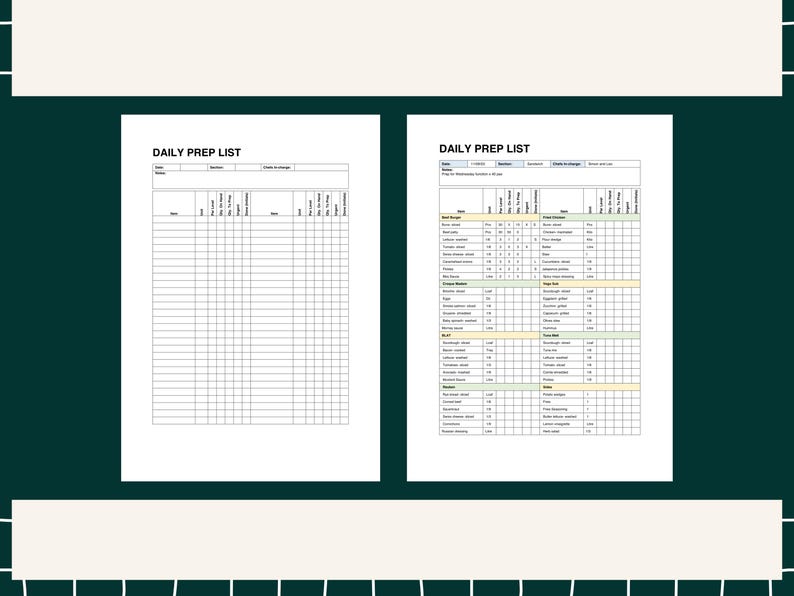 Kitchen Daily Prep List, Shift Handover Notes Fot Chefs, Restaurant and ...