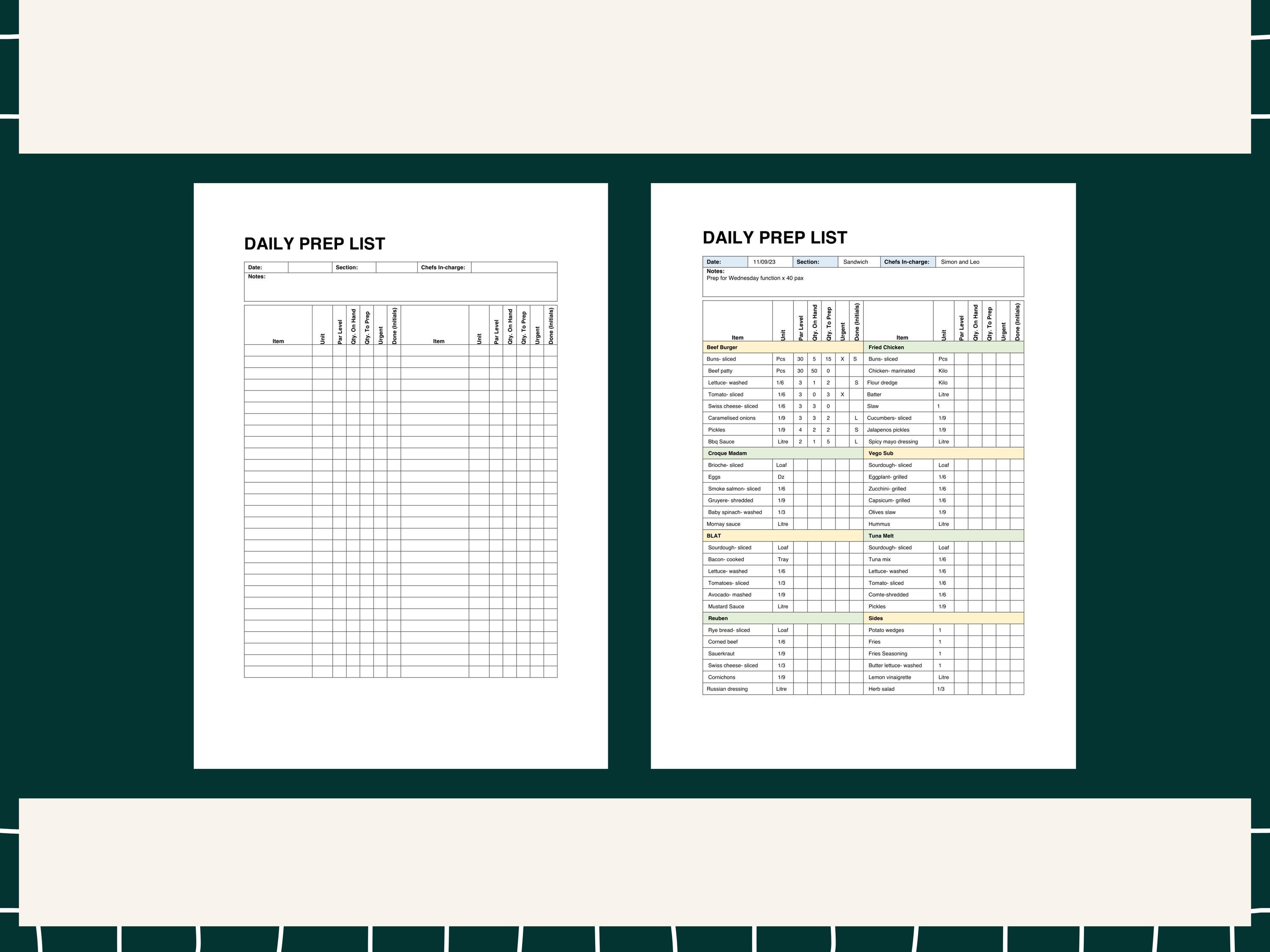 Kitchen Daily Prep List, Shift Handover Notes Fot Chefs, Restaurant and ...