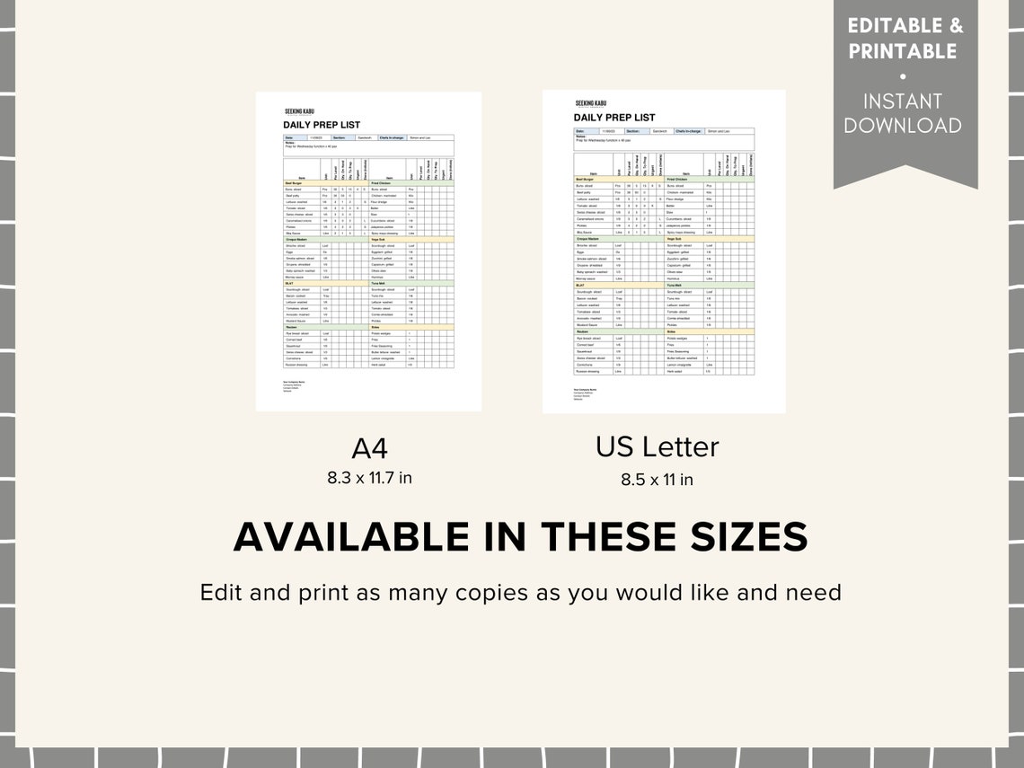 Kitchen Daily Prep List, Shift Handover Notes Fot Chefs, Restaurant and ...