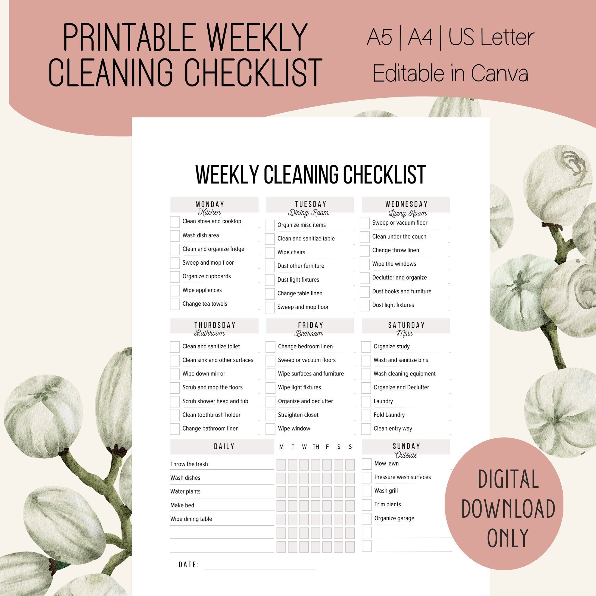 Editable Weekly Cleaning Checklist, Grey Weekly Cleaning Checklist ...