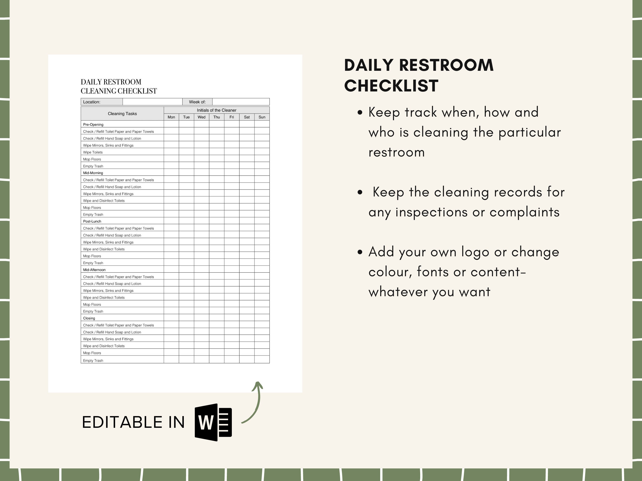 Restroom Cleaning Checklist | Restroom Sign off Form | Editable and ...