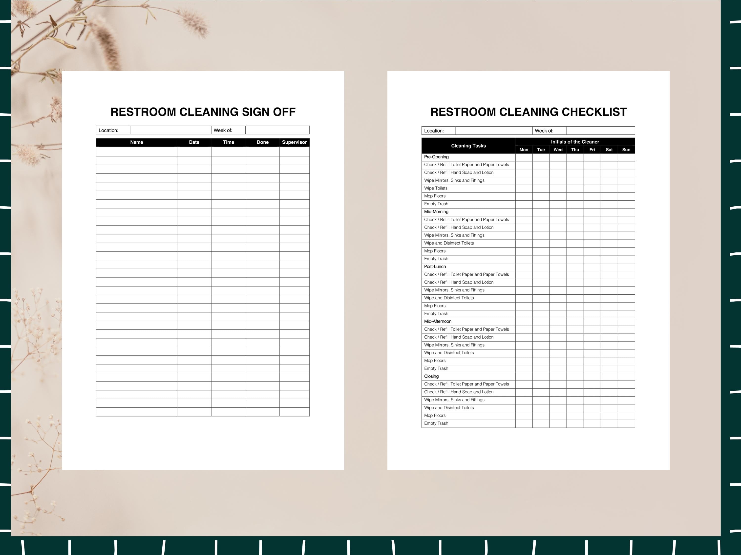 Editable Restroom Cleaning Checklist, Printable Toilet Sign off Form ...