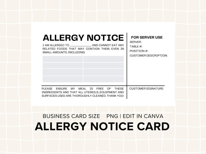 Allergy Notice Card for Restaurants, Food Safety, Celiac Disease, Food ...