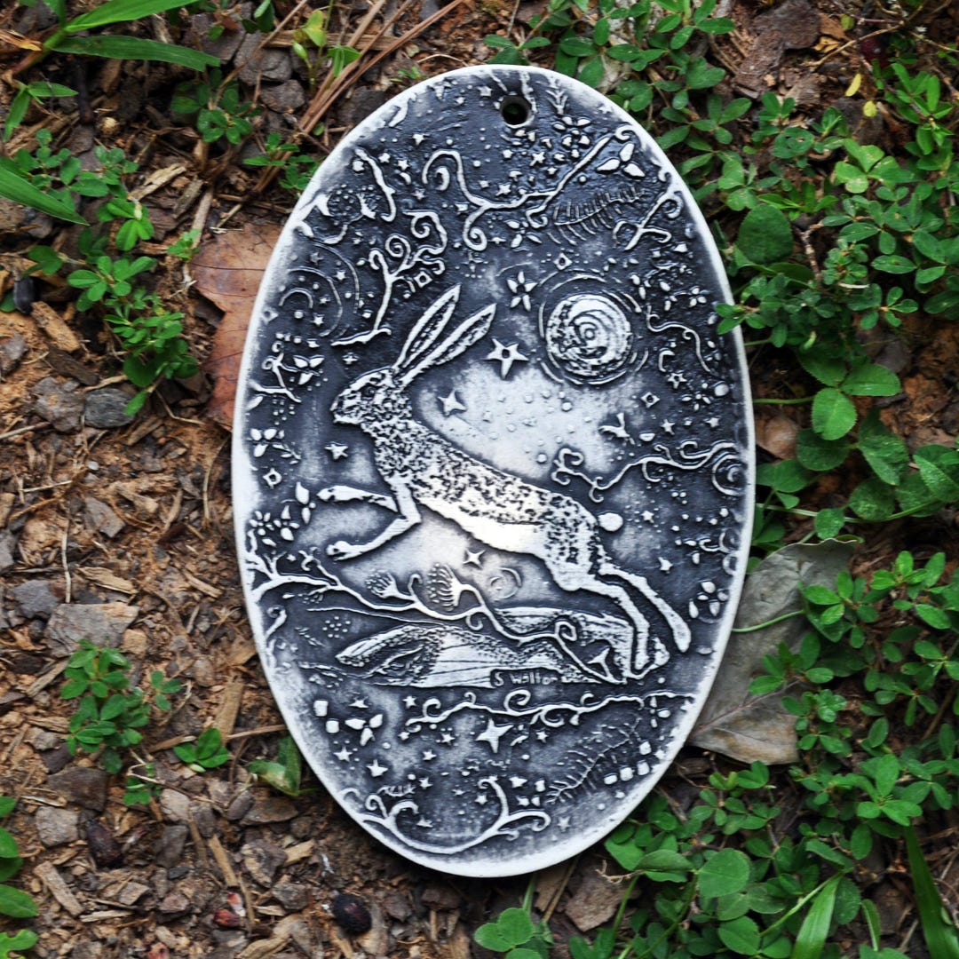 Handmade Pottery, Hanging Tile, Rabbit Moon in Black, Vertical - Etsy