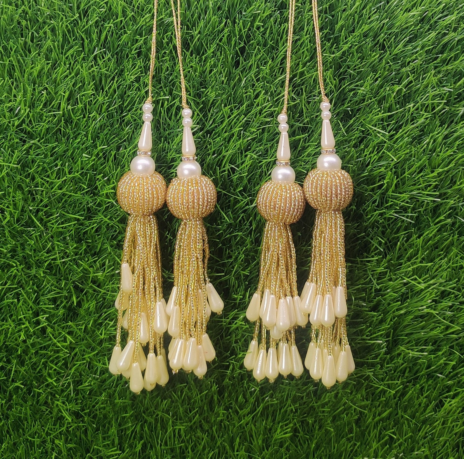 Gold/ Gold Ivory/ Silver Cut Dana Beaded Pearl Tassel for Saree Blouse ...