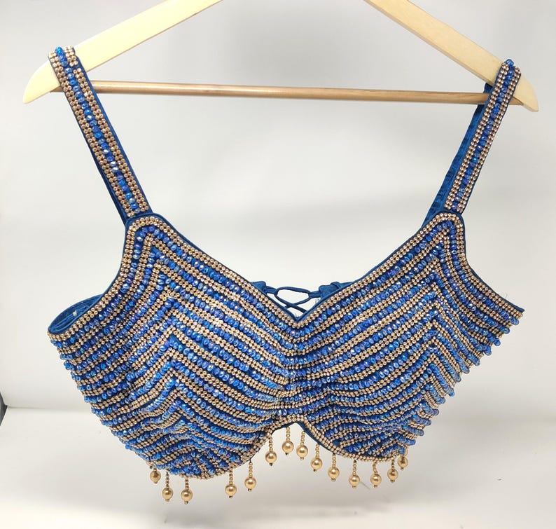 Blue Crystal Beaded Blouse, Indian Designer Saree Choli, Adjustable ...