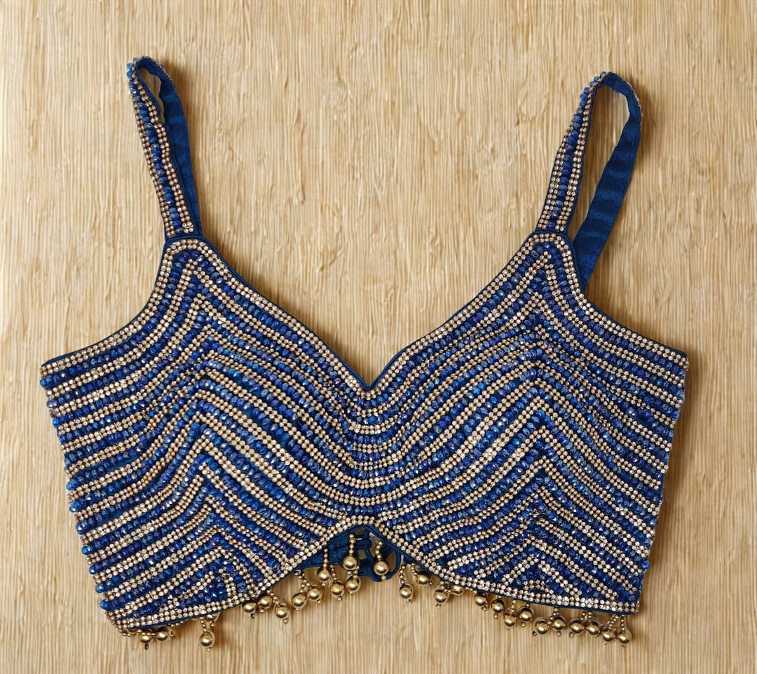 Blue Crystal Beaded Blouse, Indian Designer Saree Choli, Adjustable ...