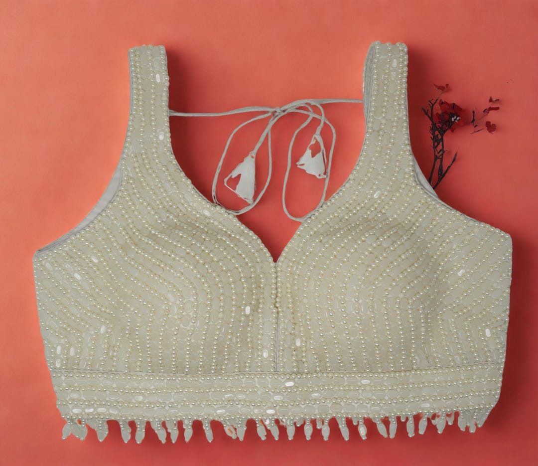 White Beaded Saree Blouse, Heavy Handwork, Indian Bridal Wear, Festive ...