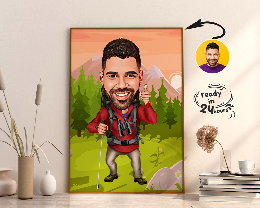 Personalized Hiking Cartoon Portrait, Hiking Portrait, Gift for Hiking ...