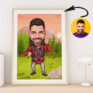 Personalized Hiking Cartoon Portrait, Hiking Portrait, Gift for Hiking ...