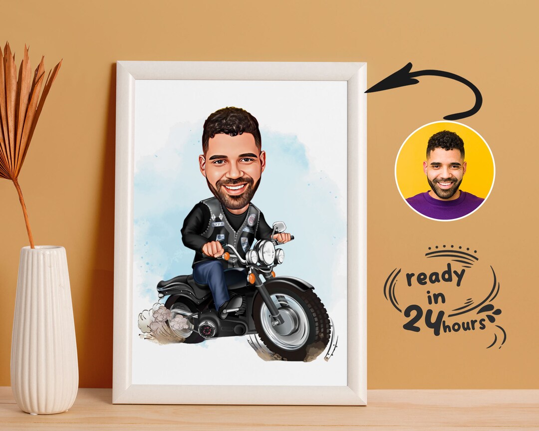 Personalized Motorcyclist Cartoon Portrait, Motorcyclist Portrait, Gift ...