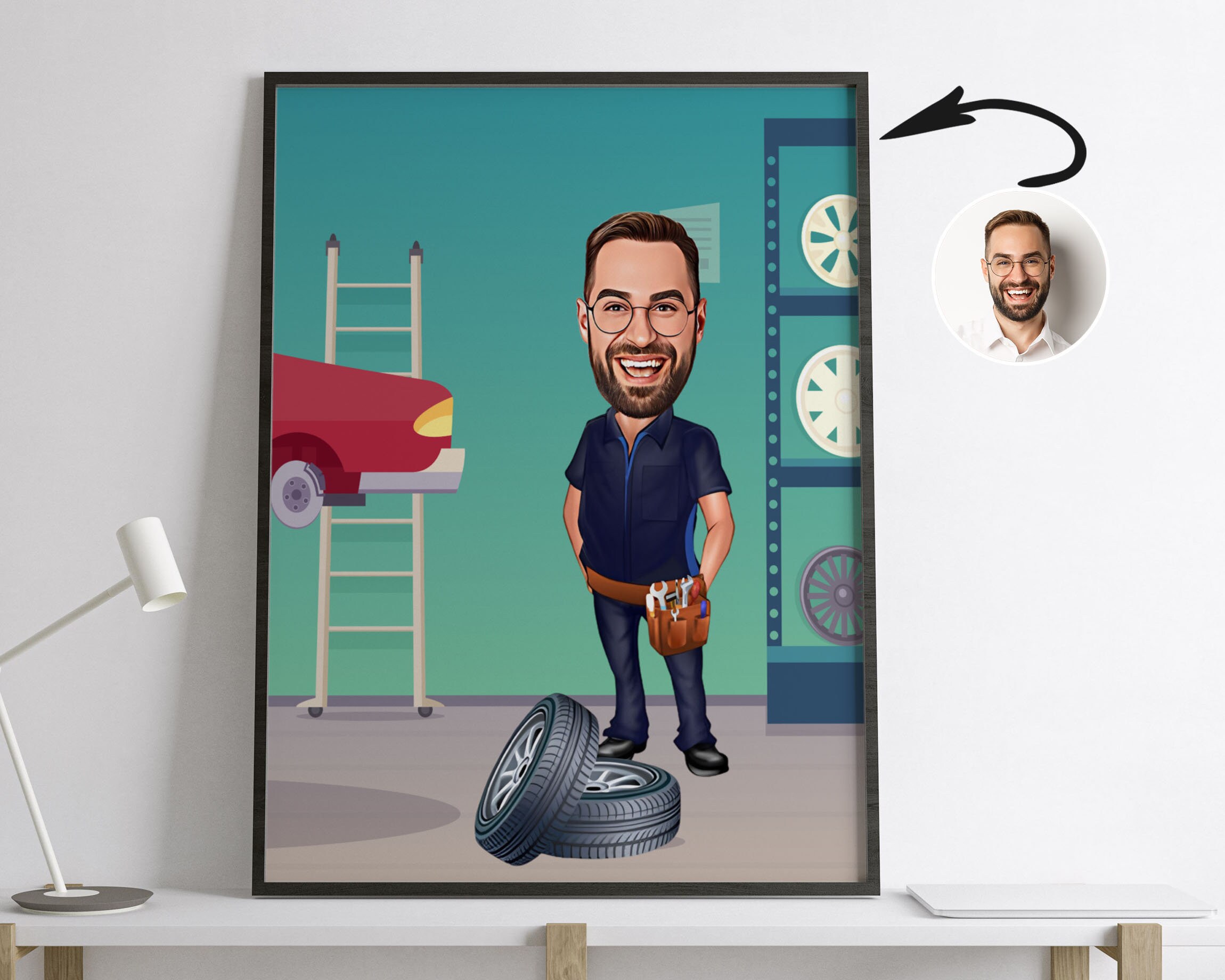 Custom Tire Shop Cartoon Portrait, Repairman Caricature, Gift for ...
