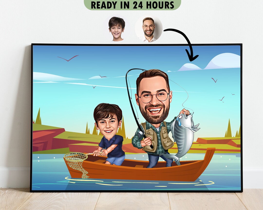 Custom Fisher Dad and Son Cartoon Portrait, Fisher Dad Portrait, Dad's ...
