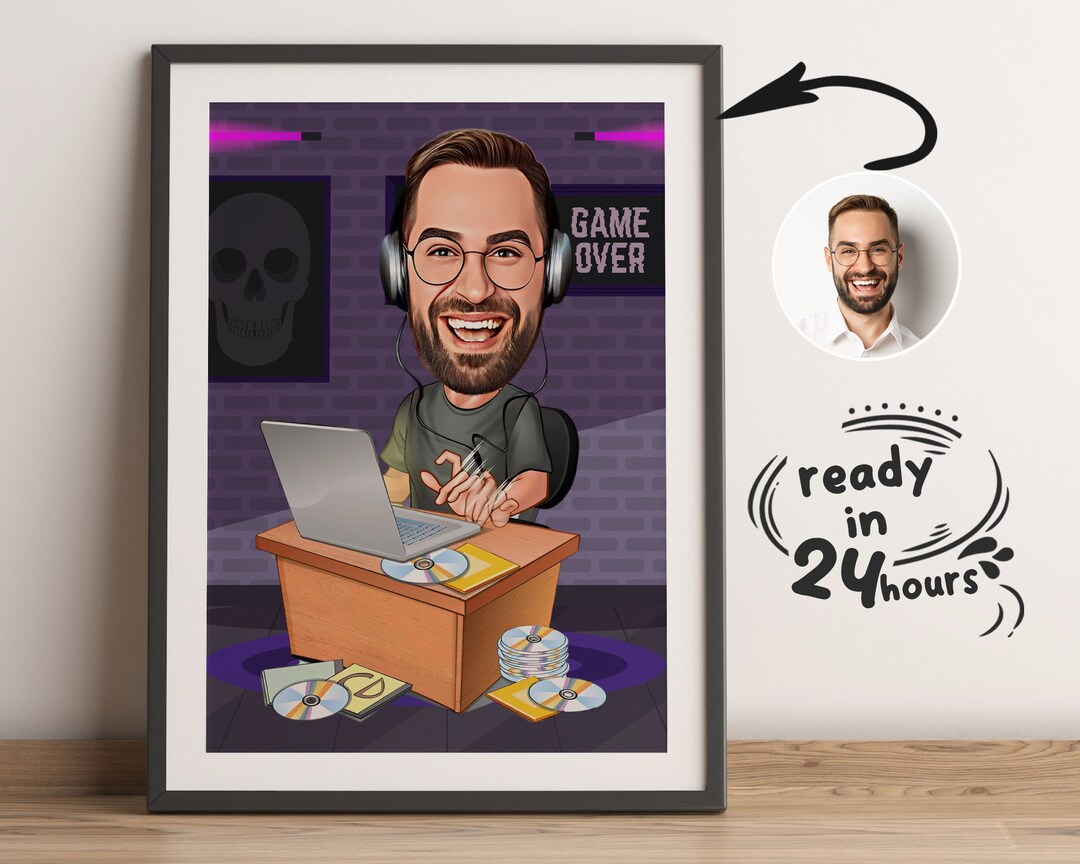 Custom Gamer Cartoon Portrait, Gamer Caricature, Gift for Gamer, Gamer ...