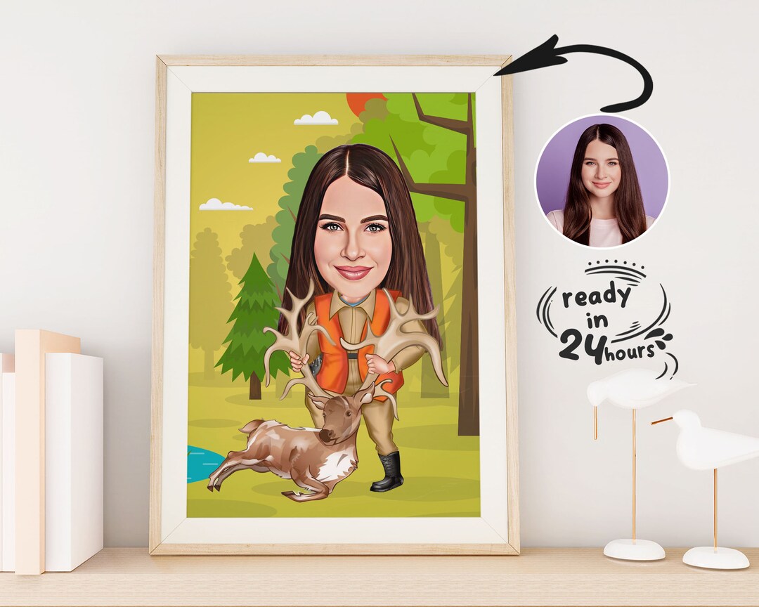 Personalized Woman Hunter Cartoon Portrait, Hunter Portrait, Hunter ...