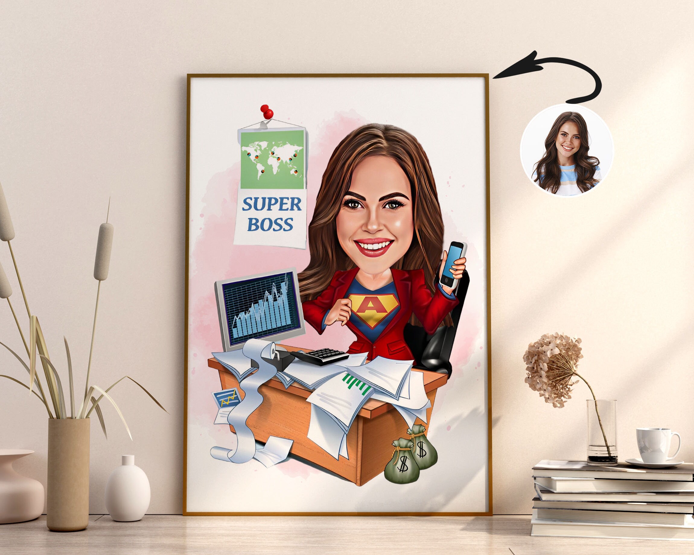 Custom Female Super Boss Cartoon Portrait, Boss Portrait, Gifts for ...