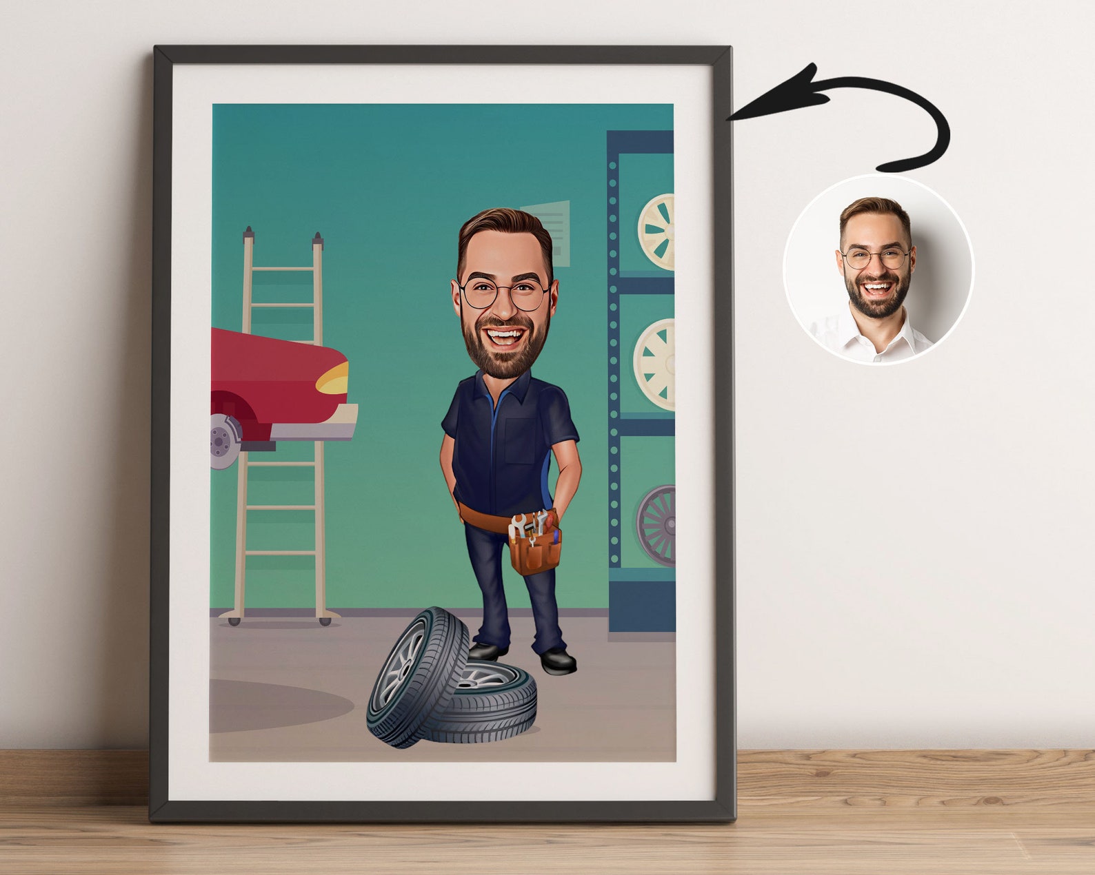 Custom Tire Shop Cartoon Portrait, Repairman Caricature, Gift for ...