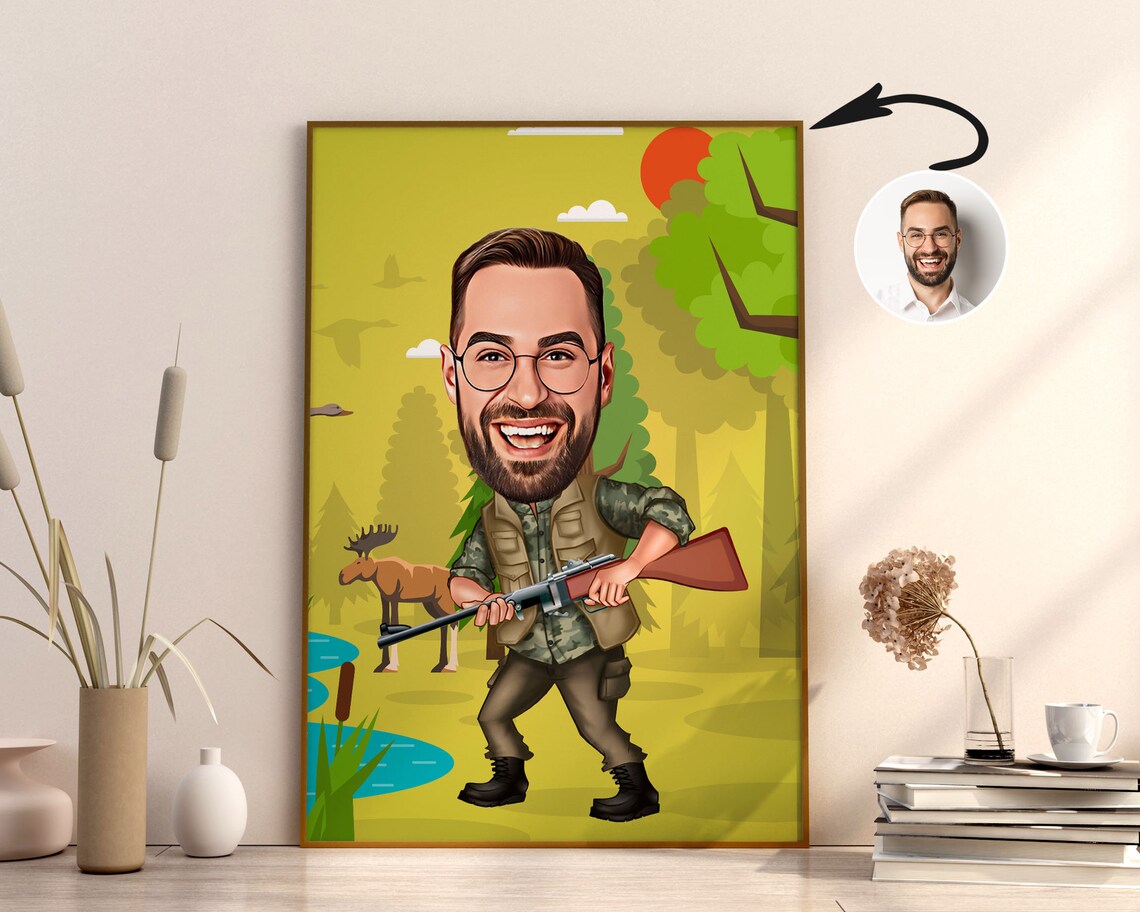 Custom Hunter Cartoon Portrait, Hunter Portrait, Gift for Hunter ...