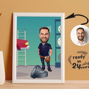 Custom Tire Shop Cartoon Portrait, Repairman Caricature, Gift for ...