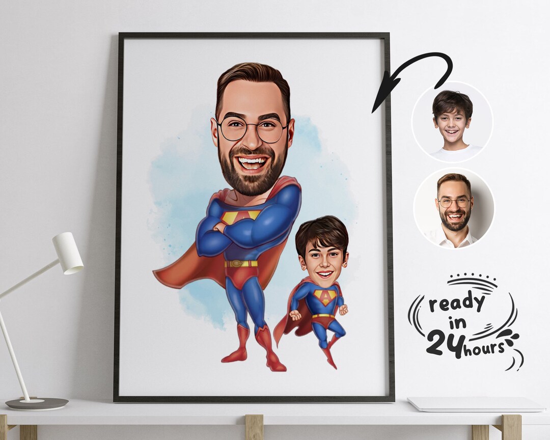 Custom Super Dad and Son Cartoon Portrait, Super Dad Portrait, Dad's ...