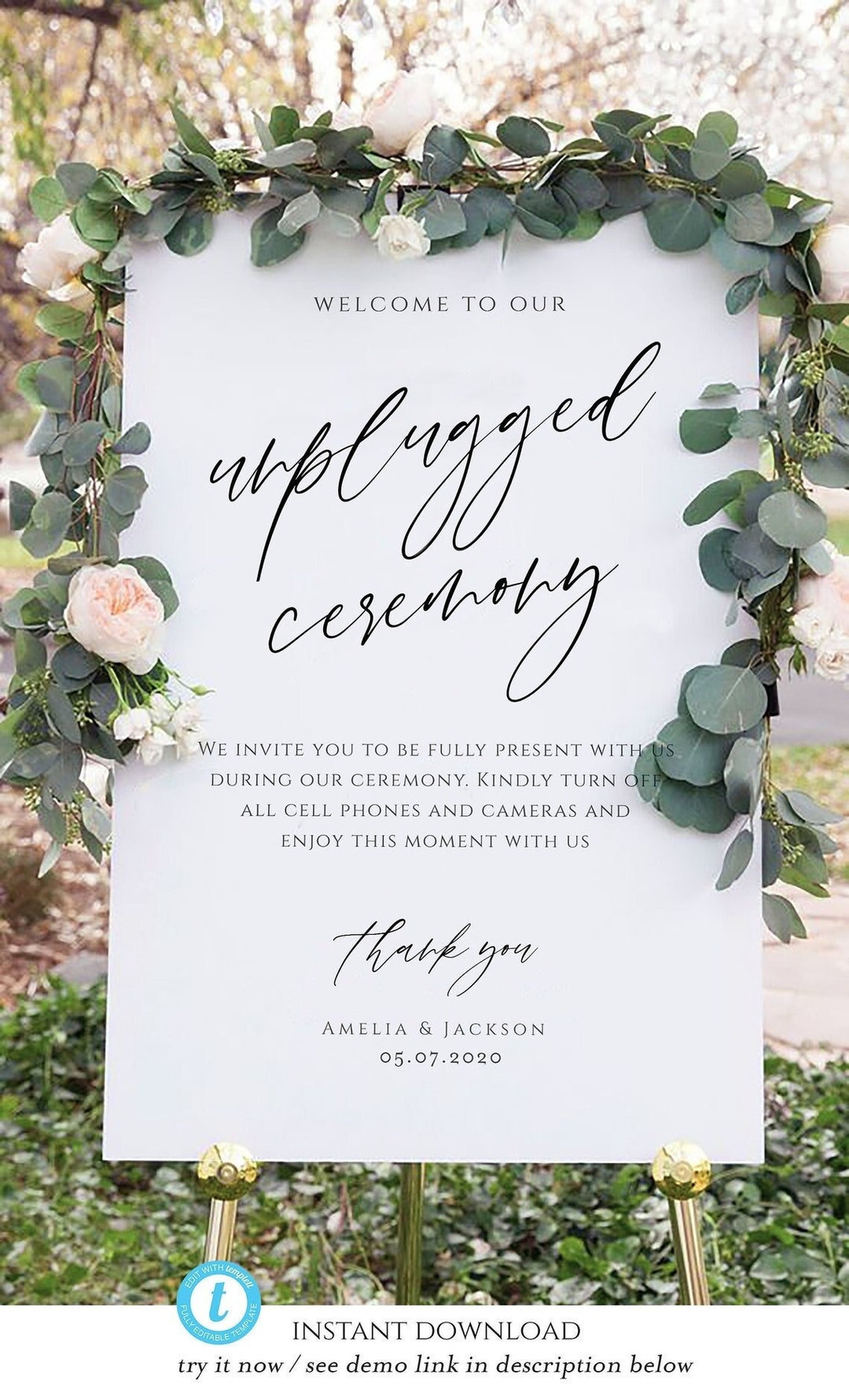 Script Unplugged Ceremony Sign, Wedding Unplugged Poster Sign Template ...
