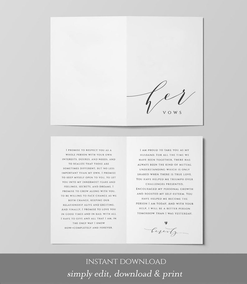 His and Her Wedding Vow Template Personalized Vow Booklet | Etsy
