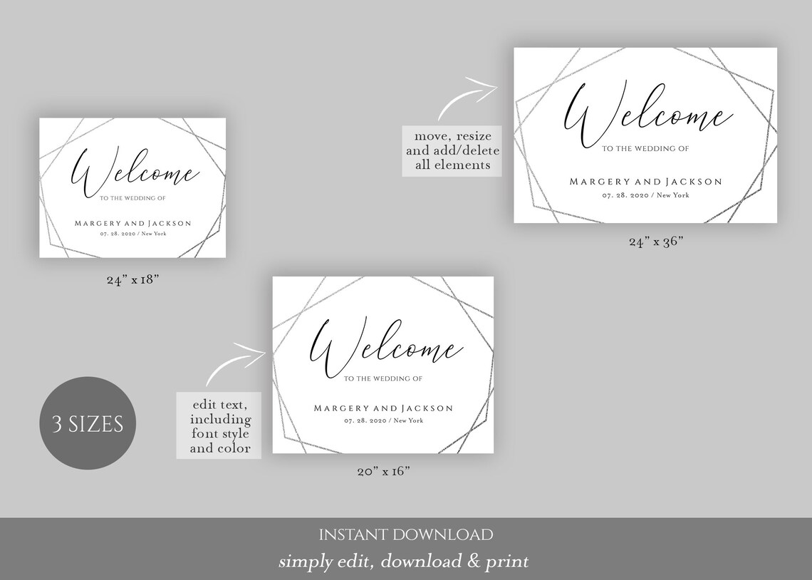 Silver Geometric Welcome Sign Printable Editable Welcome Sign | Etsy