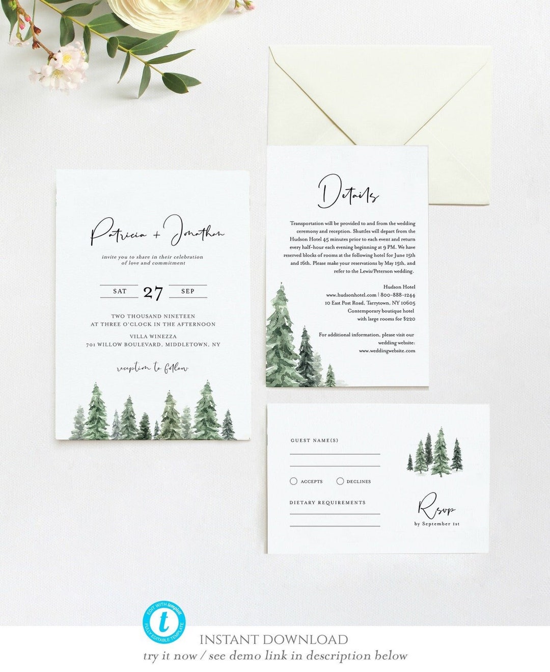 Pine Tree Wedding Invitation Set, Forest Wedding Invitation Set, Rustic ...