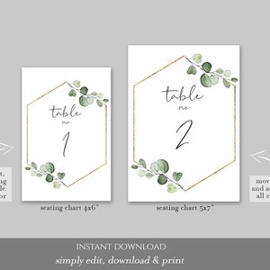 Table Number Template Greenery Card, Wedding Table Number Geometric ...