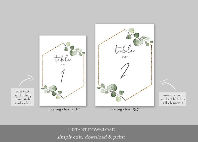 Table Number Template Greenery Card, Wedding Table Number Geometric ...