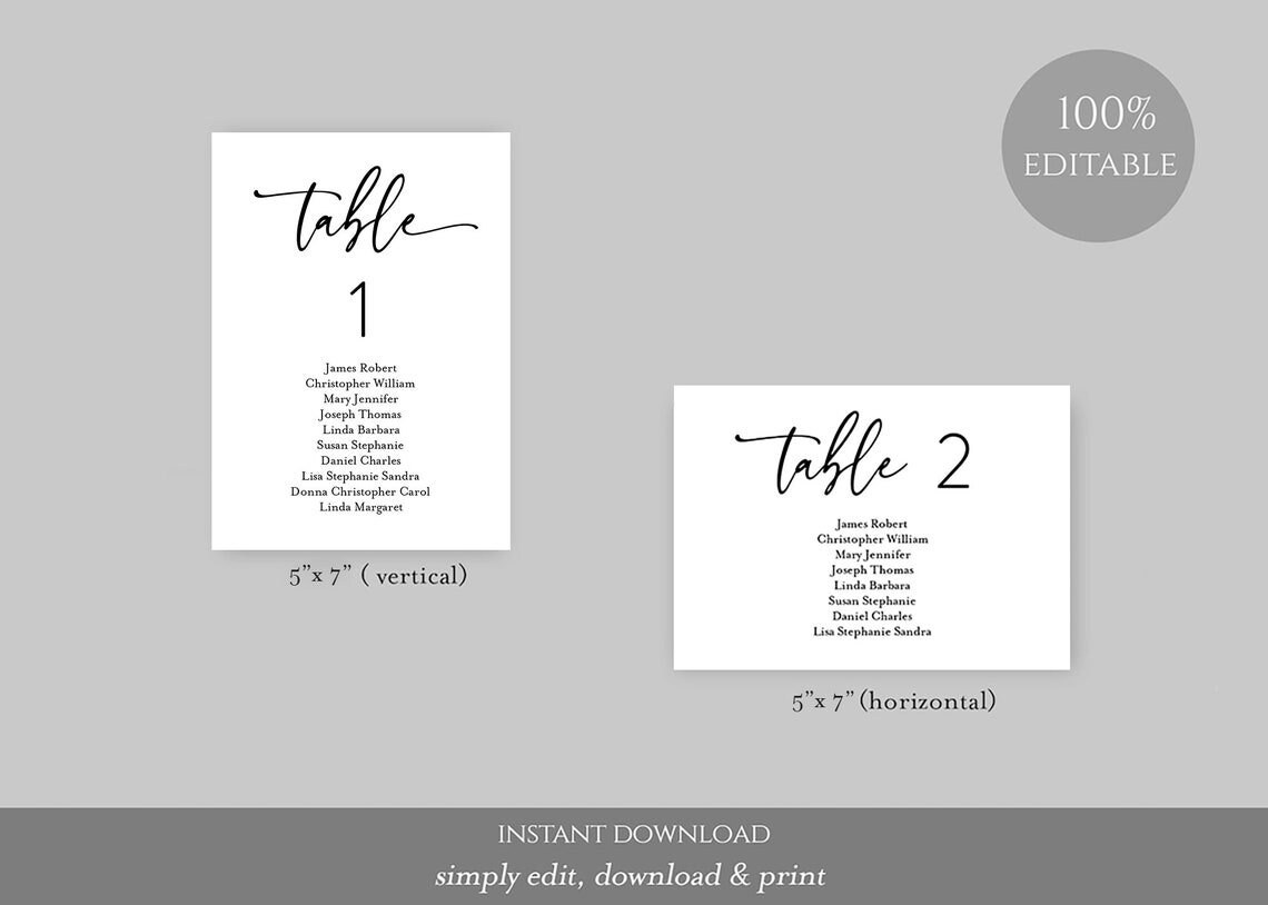 5x7 Wedding Seating Chart Template Calligraphy Table Seating - Etsy
