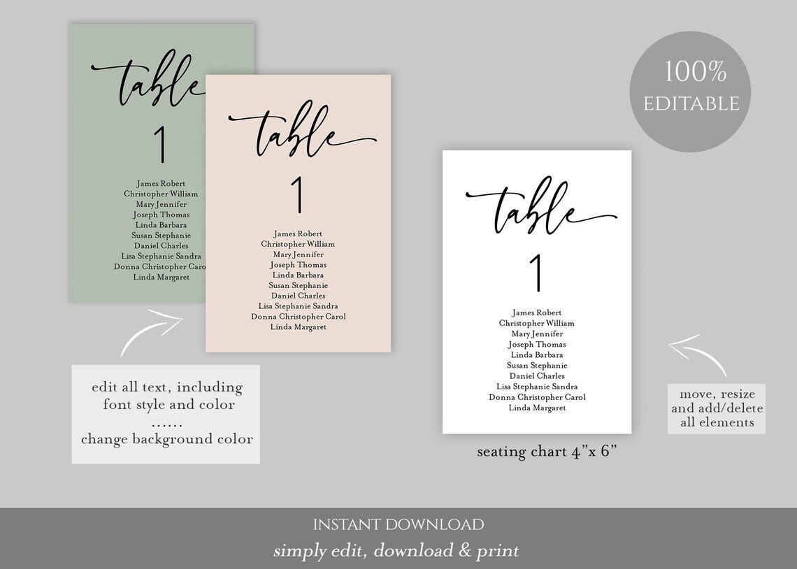 4x6 Wedding Seating Chart Template Calligraphy Table Seating - Etsy