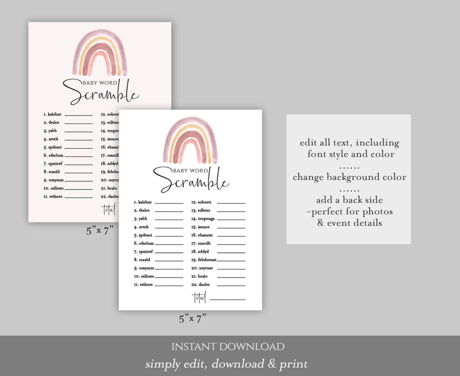 Rainbow Baby Word Scramble Game, Baby Shower Game, Editable Shower Game ...