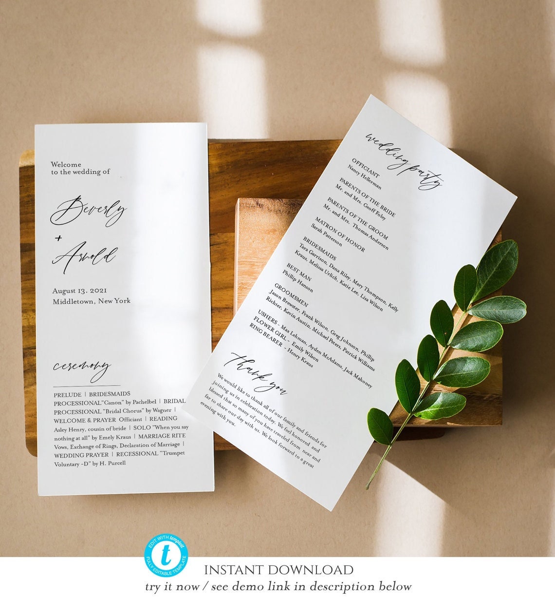 Editable Wedding Program, Modern Wedding Order of Service Templett ...