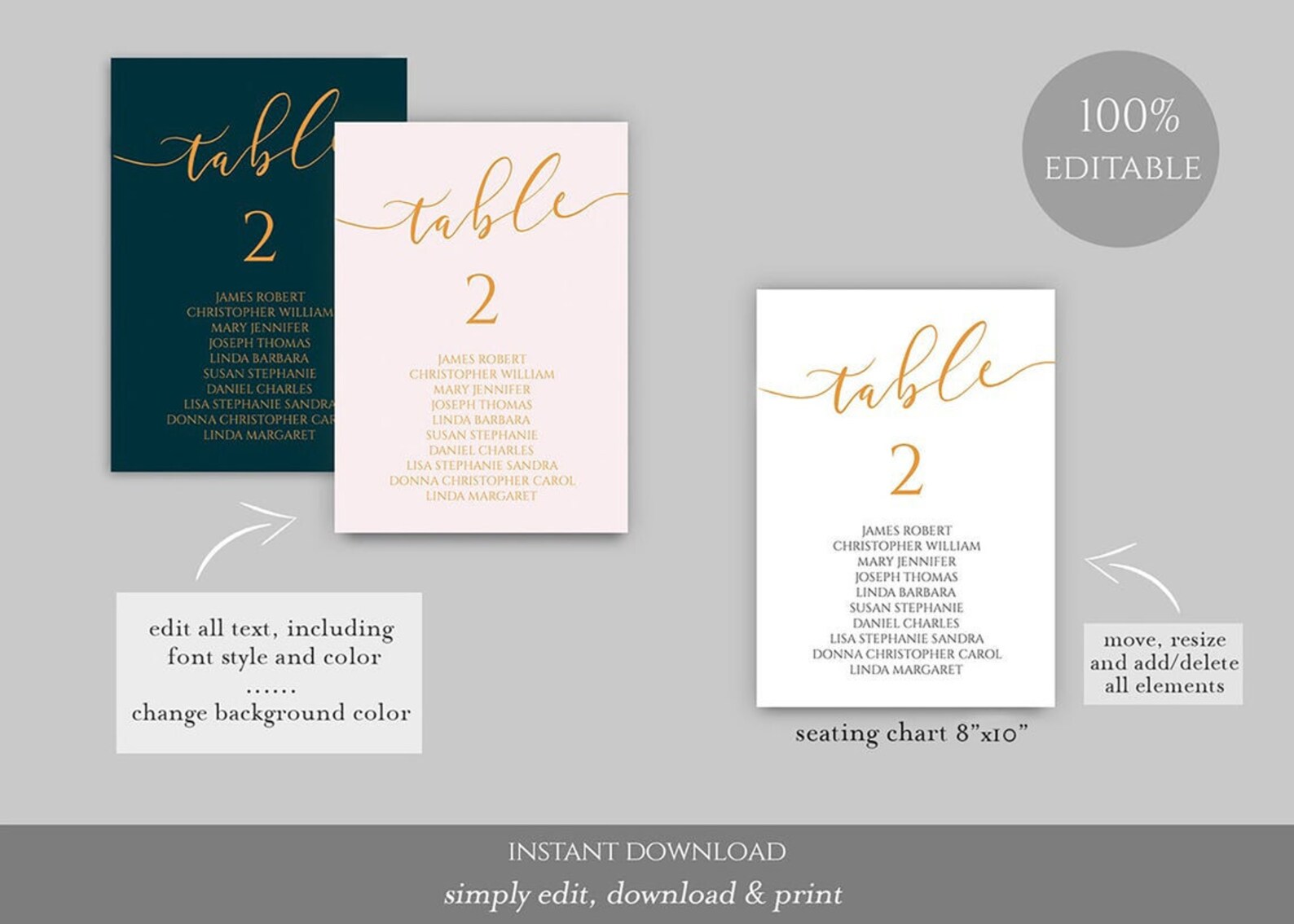 8x10 Seating Chart Gold Template Calligraphy Table Seating - Etsy