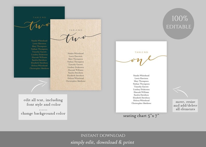 5x7 Wedding Seating Chart Gold Template Calligraphy Table - Etsy