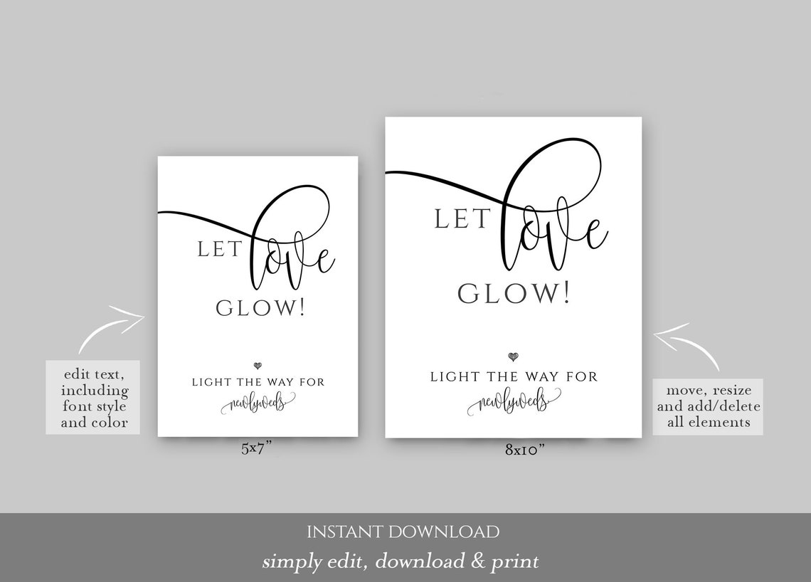 Let Love Glow Wedding Sign Template, Simple Elegant Glow Stick Wedding ...