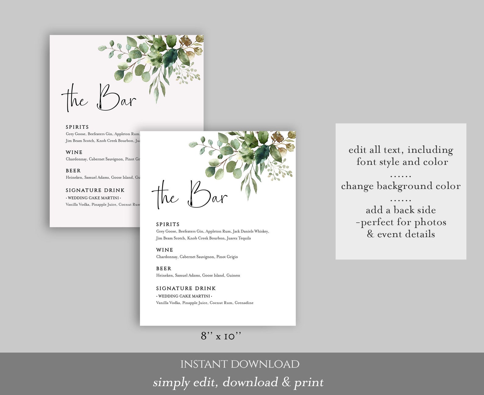 Greenery Bar Menu Sign Template Wedding Bar Sign Printable - Etsy