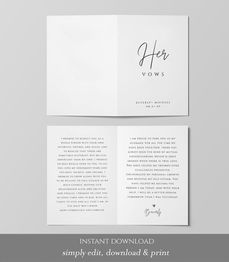 His and Her Wedding Vow Template, Personalized Vow Booklet, Custom ...