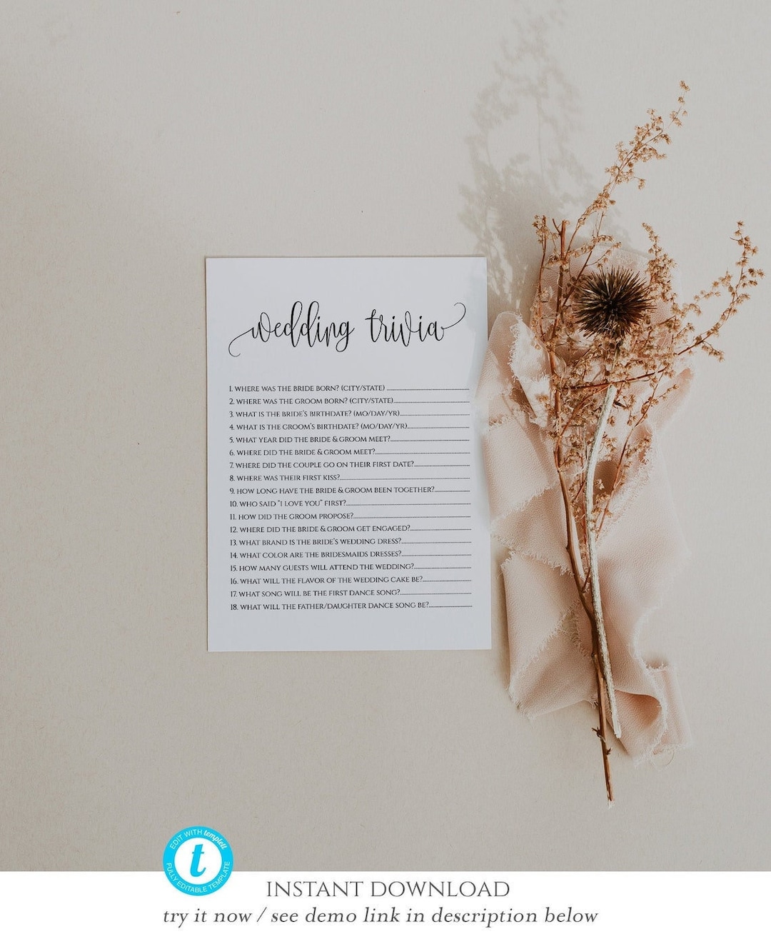 Wedding Trivia Game, Editable Bridal Shower Game, Bride and Groom ...