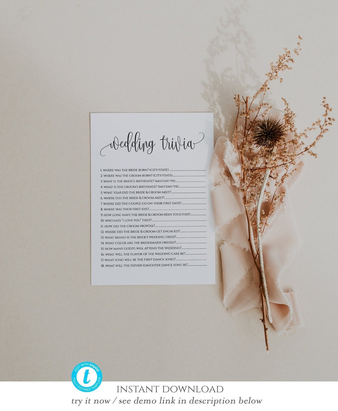 Wedding Trivia Game Editable Bridal Shower Game Bride and - Etsy