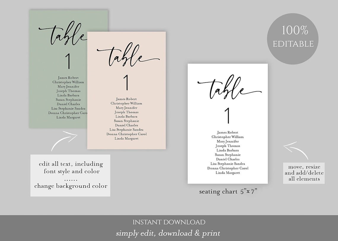 5x7 Wedding Seating Chart Template Calligraphy Table Seating - Etsy