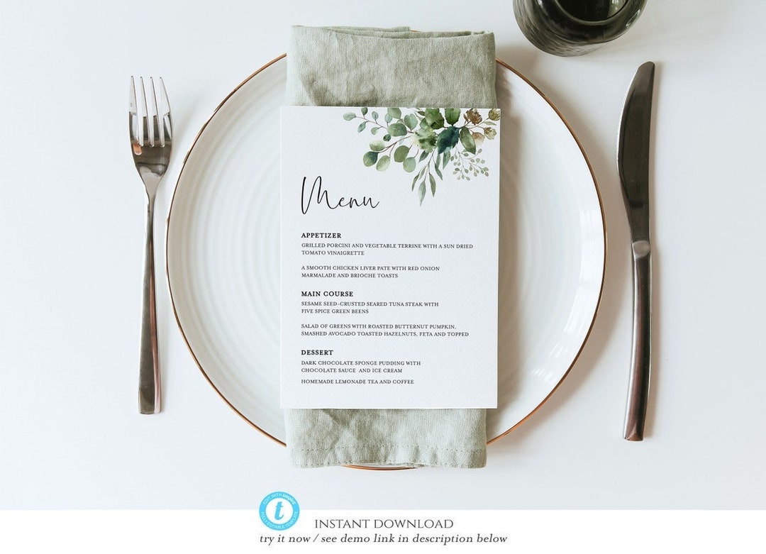 Greenery Menu Template, Wedding Menu Cards, Editable Menu Eucalyptus ...