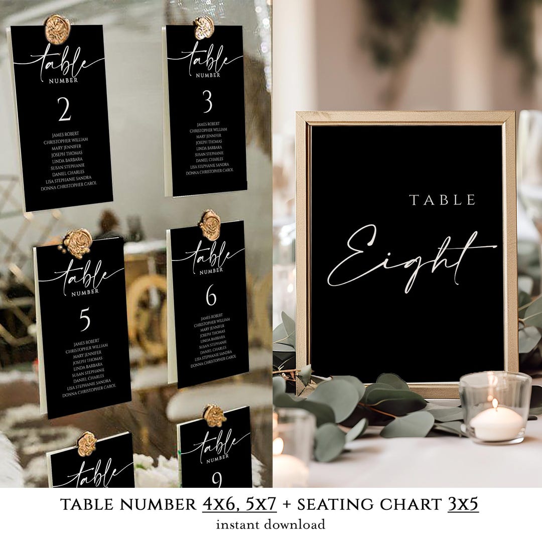 3x5 Seating Chart Black Template, 4x6 Table Number Black, Seating Chart ...