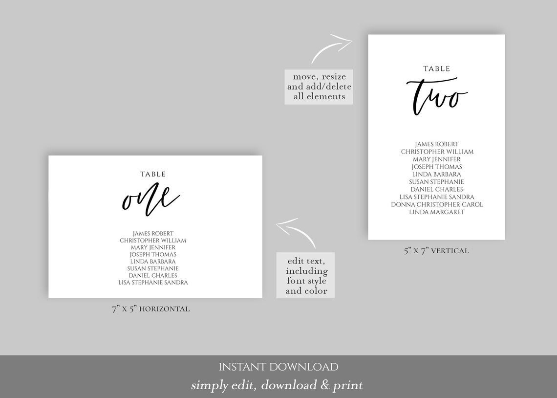 5x7 Wedding Seating Chart Template Calligraphy Table Seating - Etsy